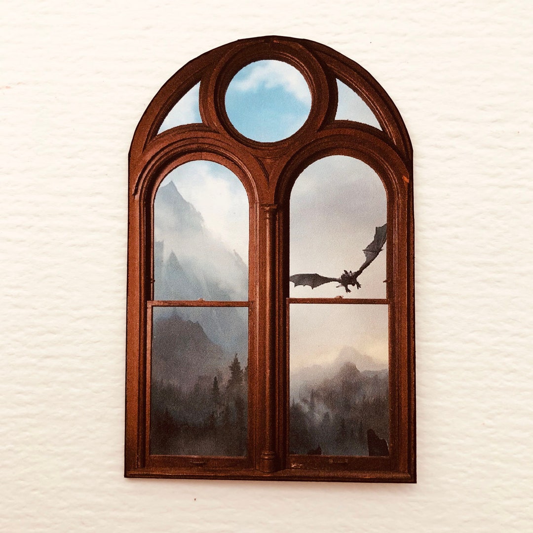 Faux Miniature Arched Castle PAPER Window With View of Flying Dragon 1/ ...