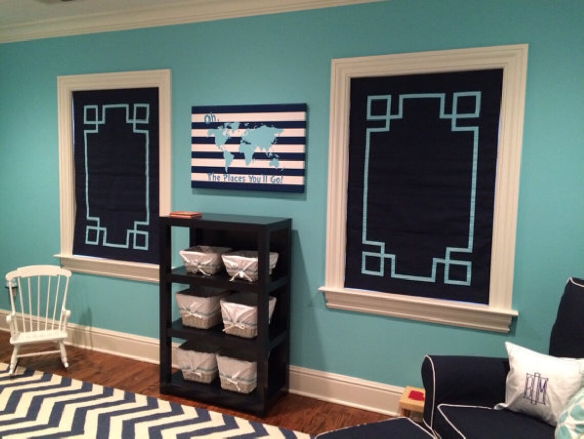 Greek Key Ribbon Design Roman Shade, White Roman Shades With Ribbon ...