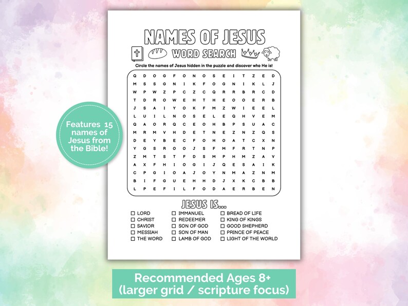 Names of Jesus Bible Word Search, Kids Church Game, Jesus Word Search ...