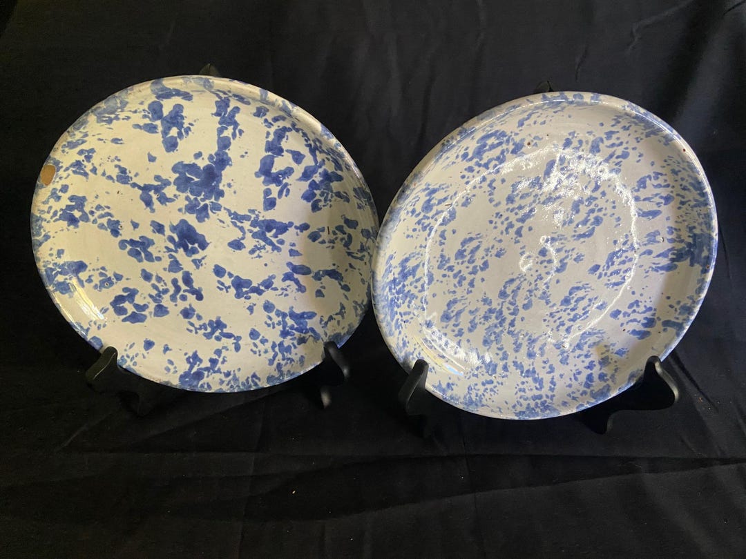 Set of 2 Bybee Blue & White Spongeware Kentucky Pottery Lunch/salad ...