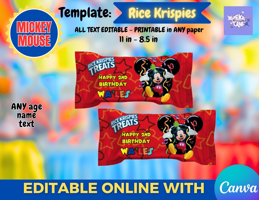 Mickey Mouse Birthday - Rice Krispies Template, EDIT Yourself in CANVA ...