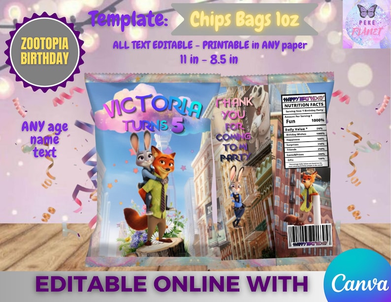 Zootopia Birthday Chips Bag Template, Edit Yourself in CANVA. Party Kit ...