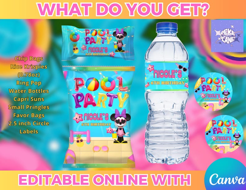 Minnie Mouse Pool Party Birthday Theme - 8 Labels - Digital Download ...
