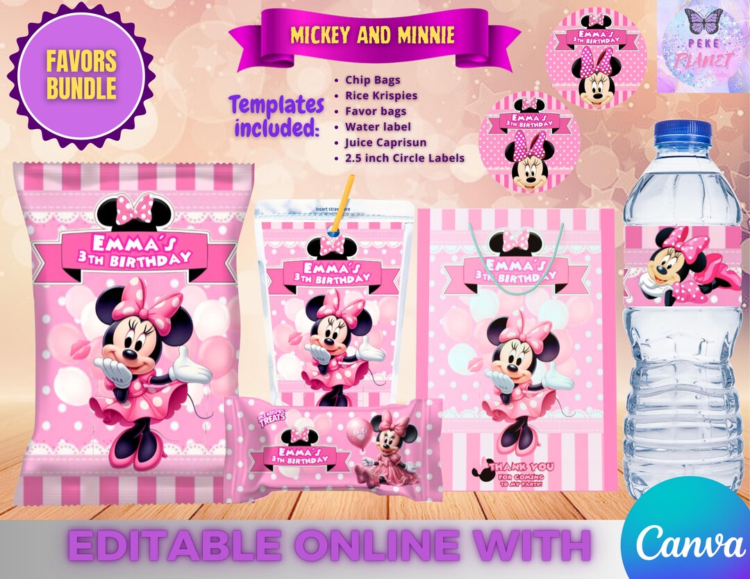Minnie Mouse Birthday Pack- 6 Labels - Digital Download. Editable in ...