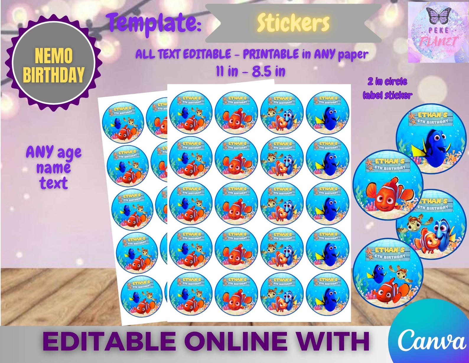 Nemo Birthday - Stickers 2in Template, EDIT Yourself in CANVA. - Etsy