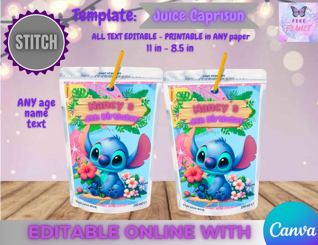 Stitch Birthday Juice Caprisun Template, Edit Yourself in CANVA. Party ...