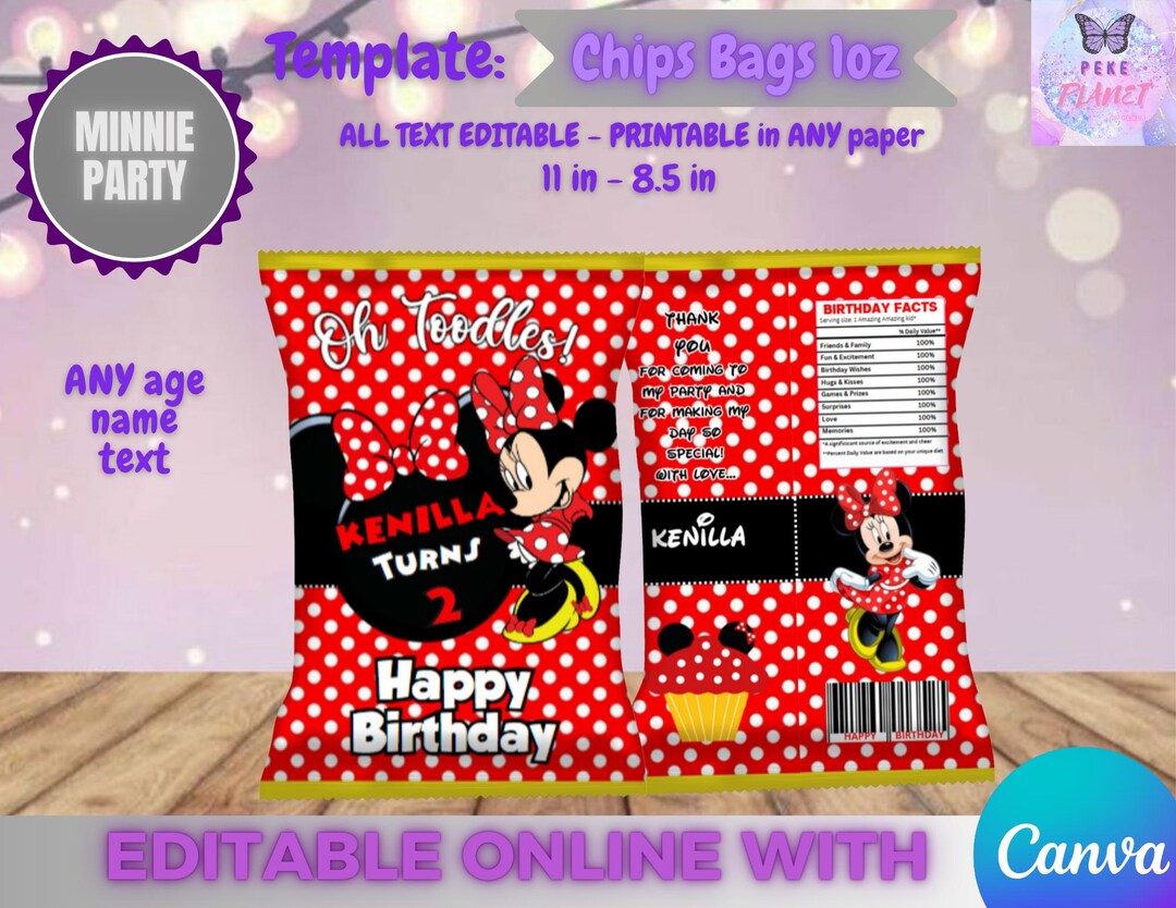 Minnie Mouse Birthday Chips Bag Template, Edit Yourself in CANVA. Party ...