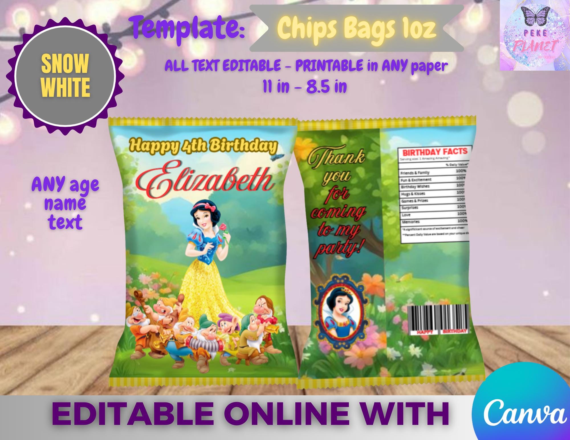 Snow White Princess Chips Bag Template, Edit Yourself in CANVA. Party ...