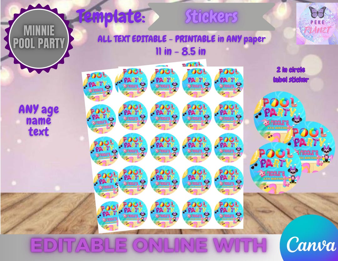 Minnie Mouse Pool Party Birthday - Stickers 2in Template, EDIT Yourself ...