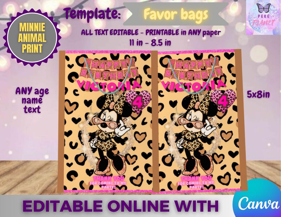 Minnie Mouse Animal Print Birthday - Favor Bags 5x8in Template,, Edit ...