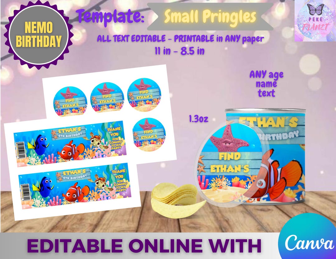 Nemo Birthday Small Pringles Template, Edit Yourself in CANVA. Party ...