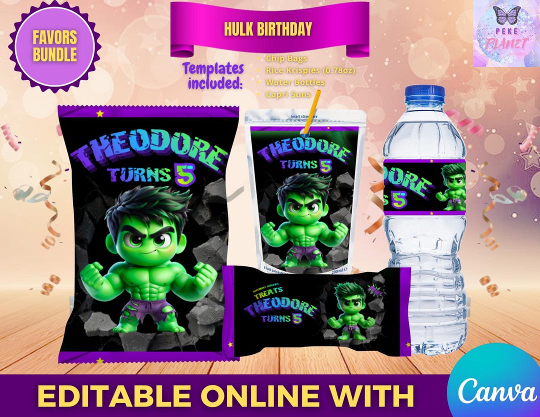 Hulk Birthday Pack- 4 Labels - Digital Download. Editable in CANVA. - Etsy