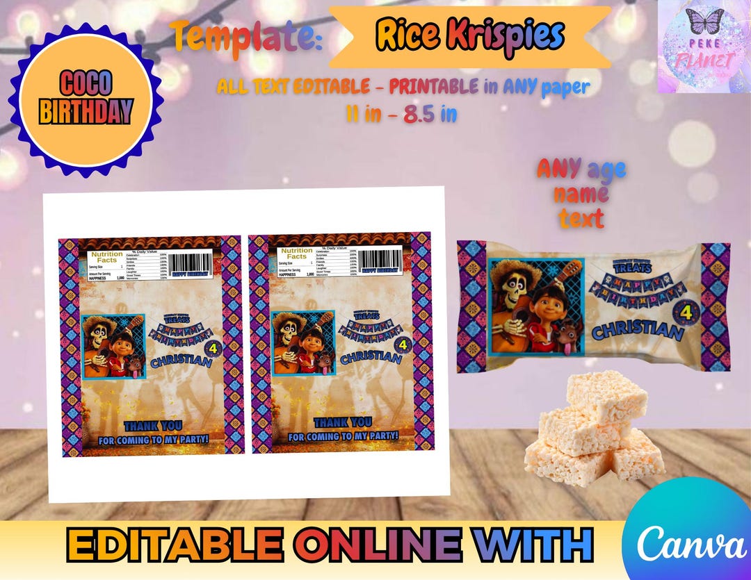 Coco Birthday - Rice Krispies Template, EDIT Yourself in CANVA. - Etsy