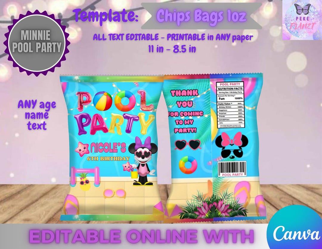 Minnie Mouse Pool Party Chips Bag Template, Edit Yourself in CANVA ...