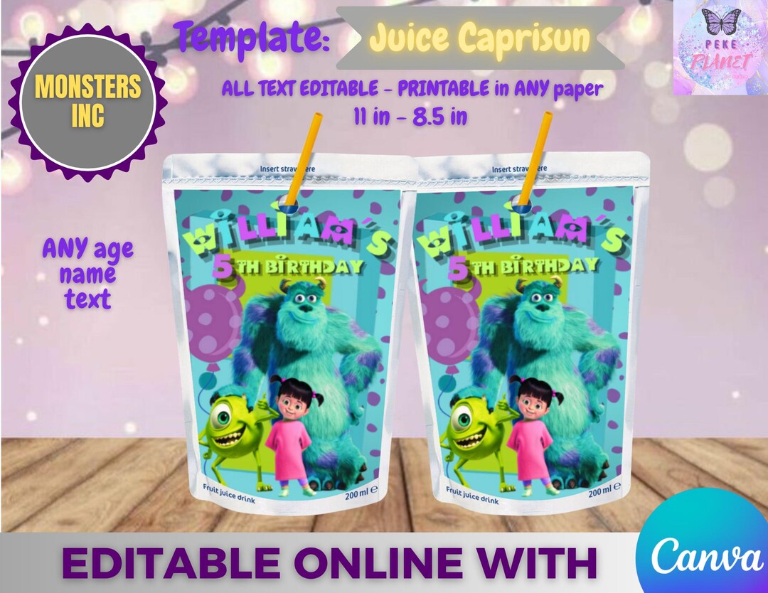 Monsters INC Birthday - Juice Labels Template, EDIT Yourself in CANVA ...