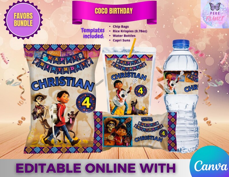 Coco Birthday Pack- 4 Labels - Digital Download. Editable in CANVA. - Etsy