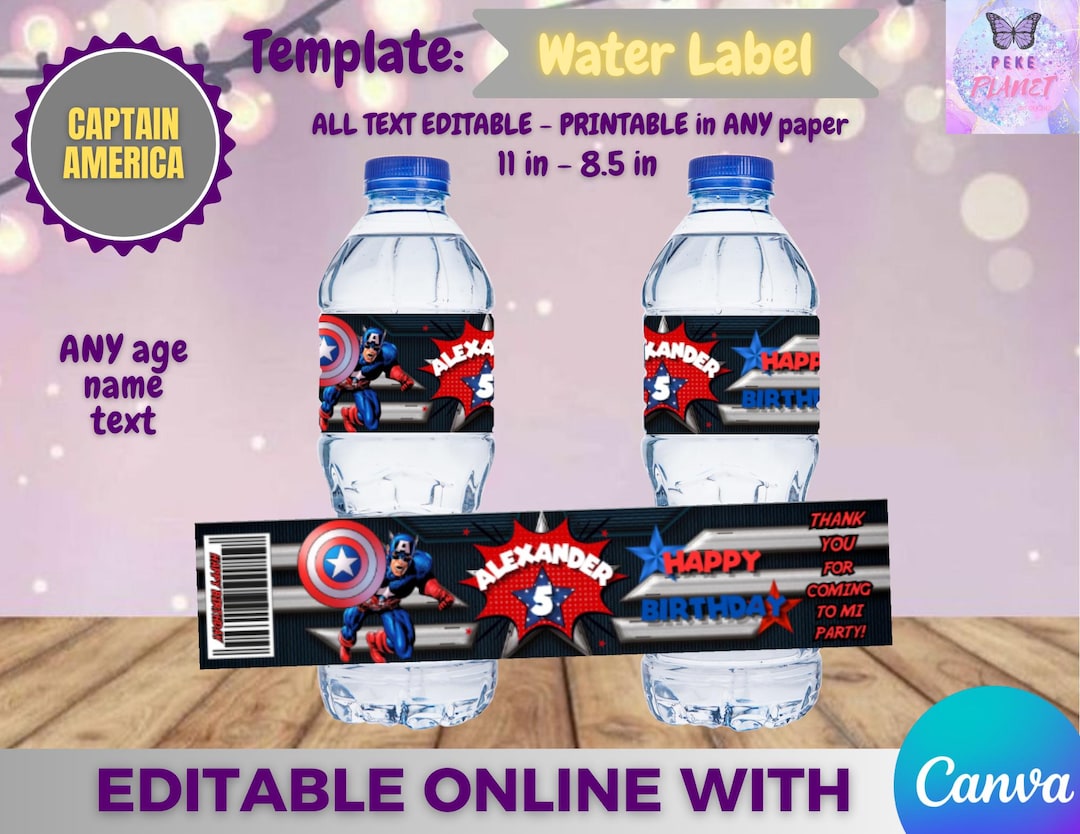 Captain America Birthday - Water Labels Template, EDIT Yourself in ...