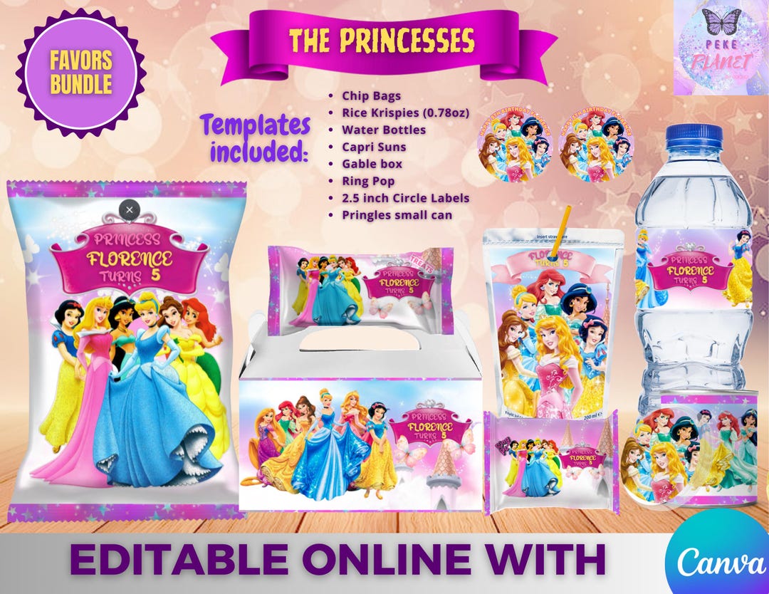 Princess Birthday Pack- Pack- 8 Labels - Digital Download. Editable in ...