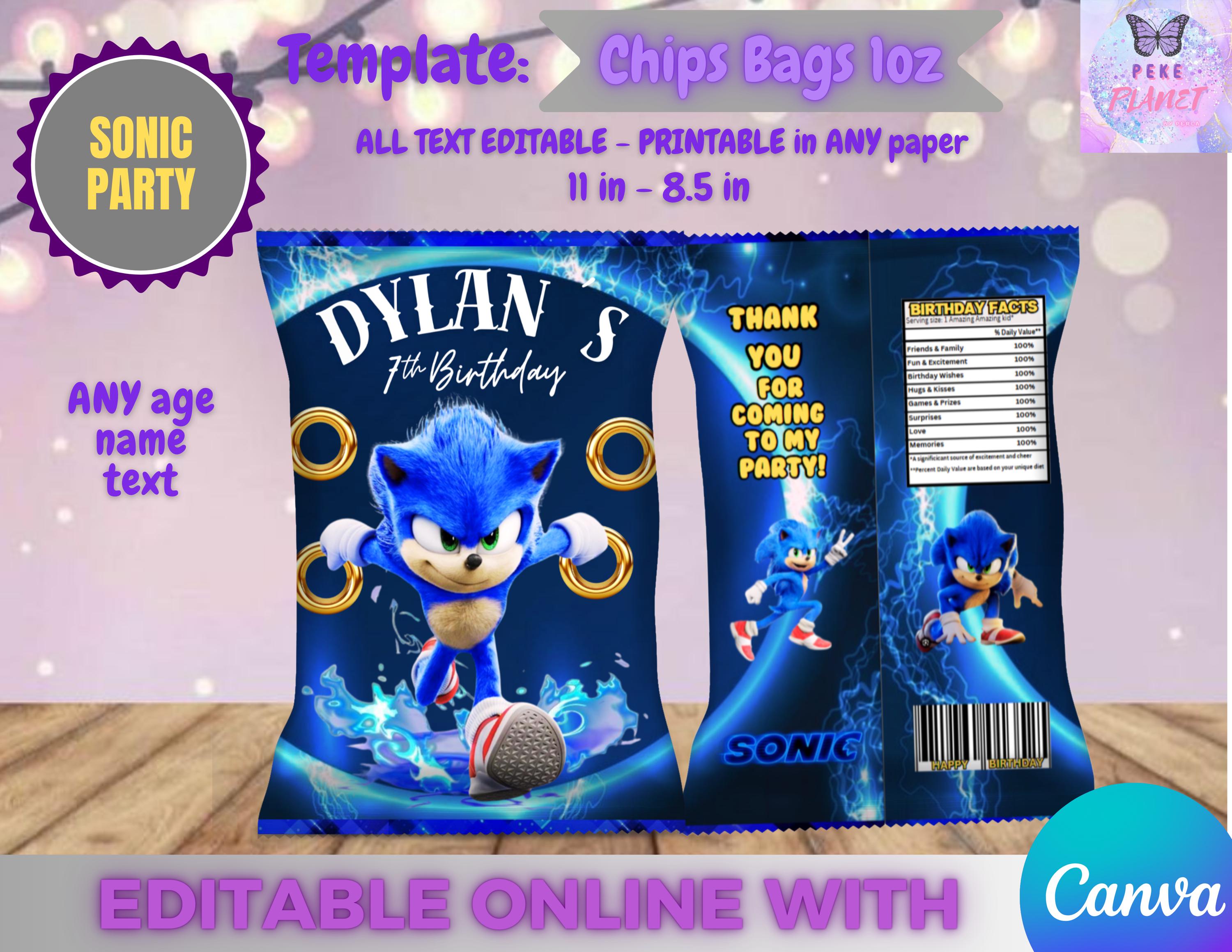 Sonic Birthday Chips Bag Template, Edit Yourself in CANVA. Party Kit ...