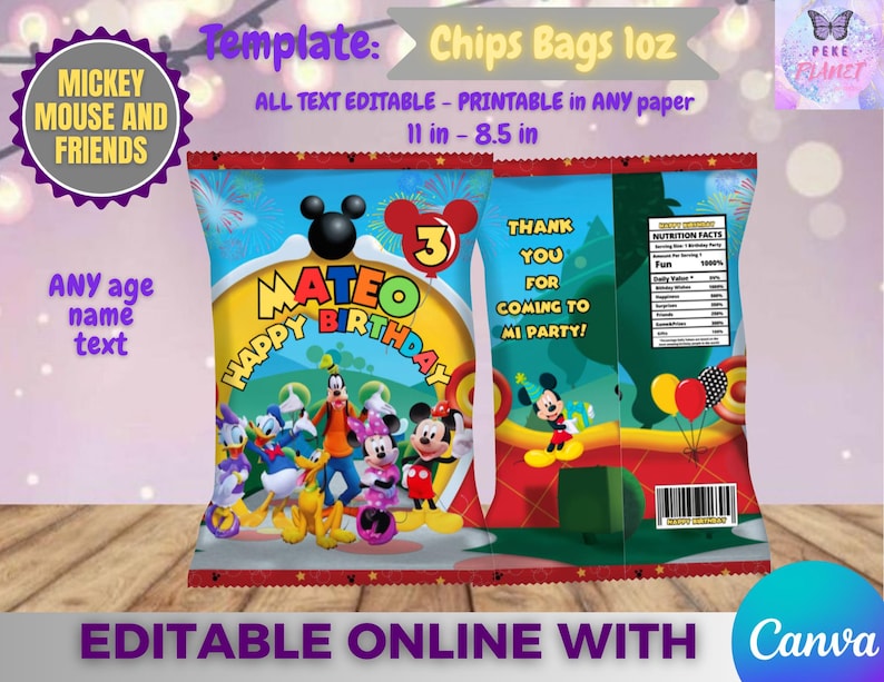Mickey Mouse and Friends Birthday Chips Bag Template, Edit Yourself in ...