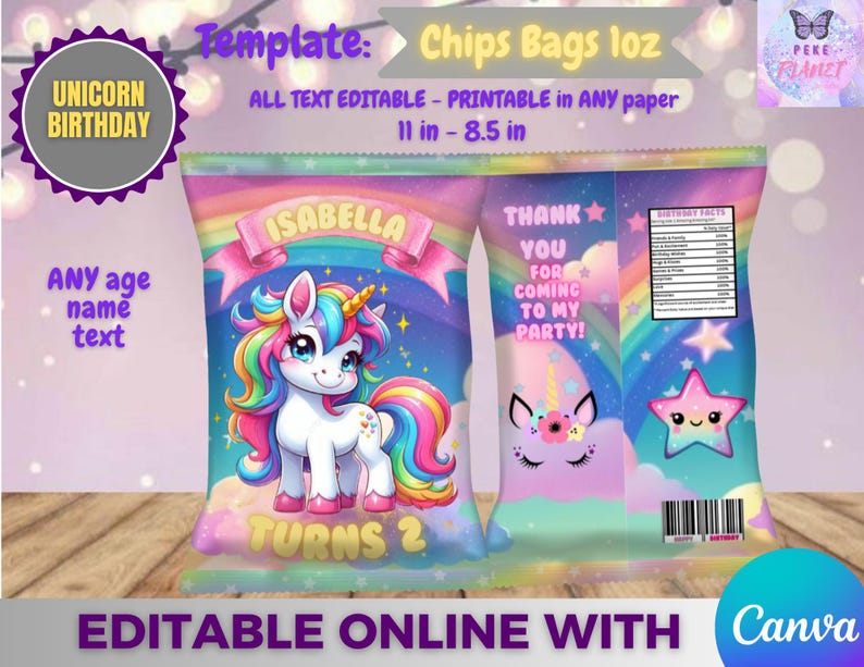 Unicorn Birthday - Chips Bag Template, Edit Yourself in CANVA. Party ...