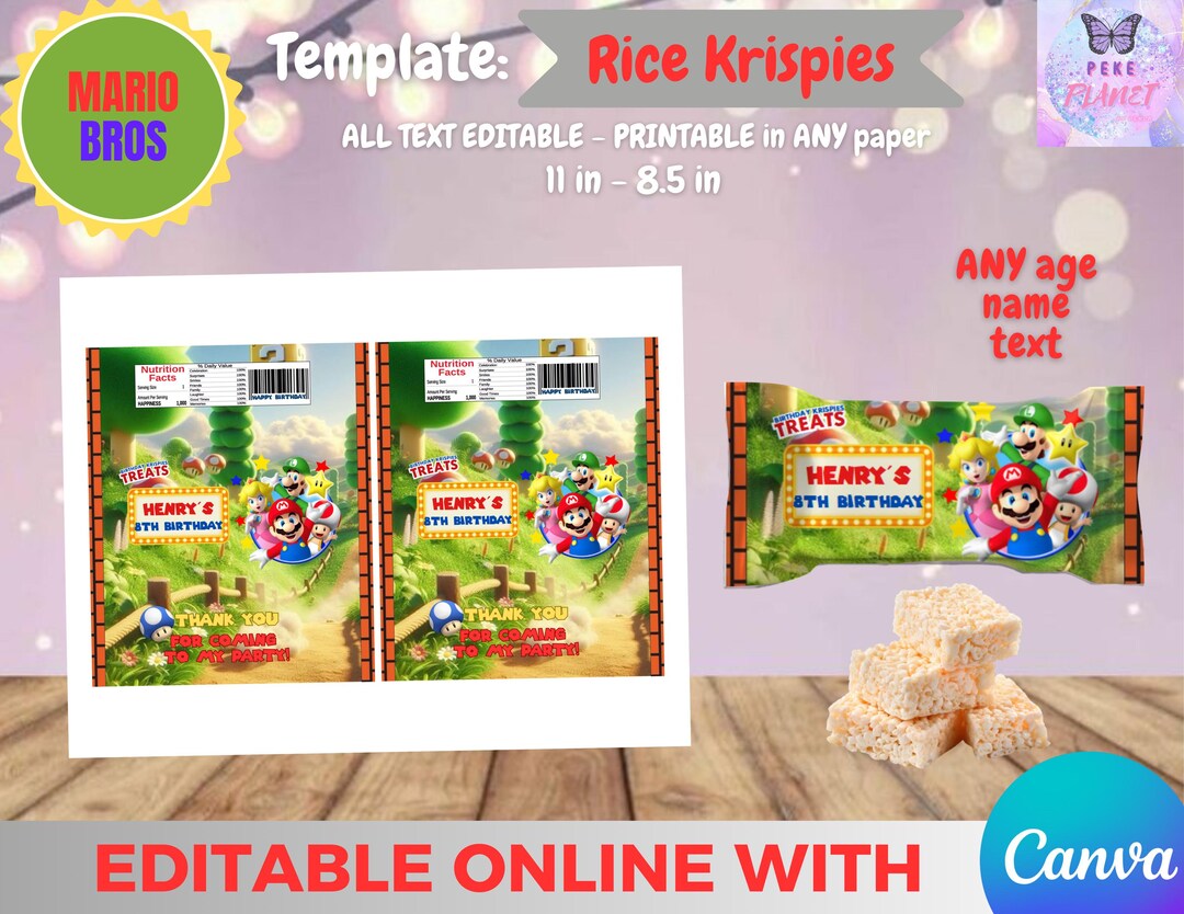 Mario Bros Birthday - Rice Krispies Template, EDIT Yourself in CANVA ...