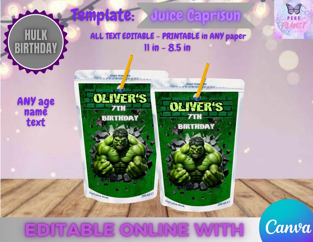 Hulk Birthday - Juice Labels Template, EDIT Yourself in CANVA. - Etsy