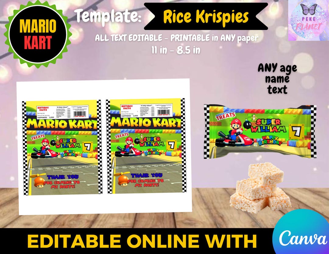 Mario Kart Birthday - Rice Krispies Template, EDIT Yourself in CANVA ...