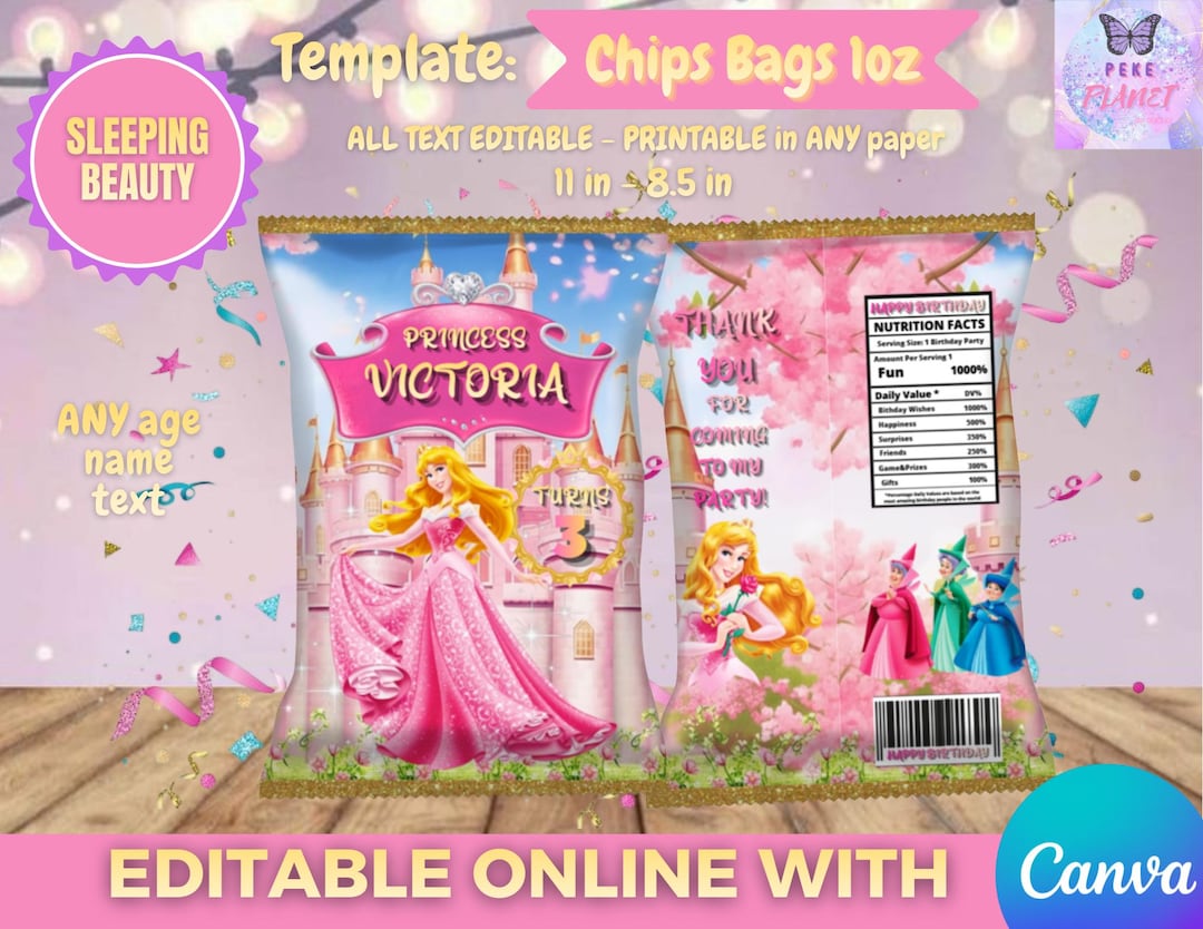 Sleeping Beauty Chips Bag Template, Edit Yourself in CANVA. Party Kit ...