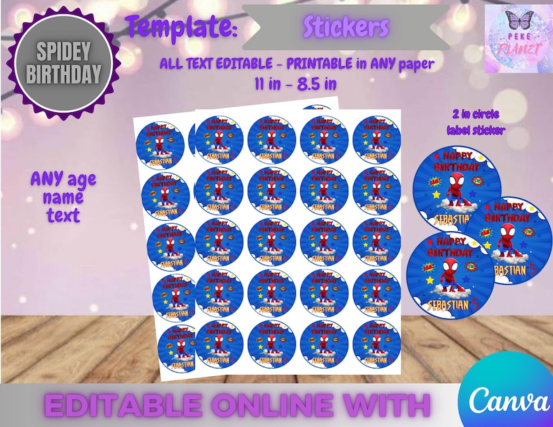 Spidey Birthday - Stickers 2in Template, EDIT Yourself in CANVA. - Etsy