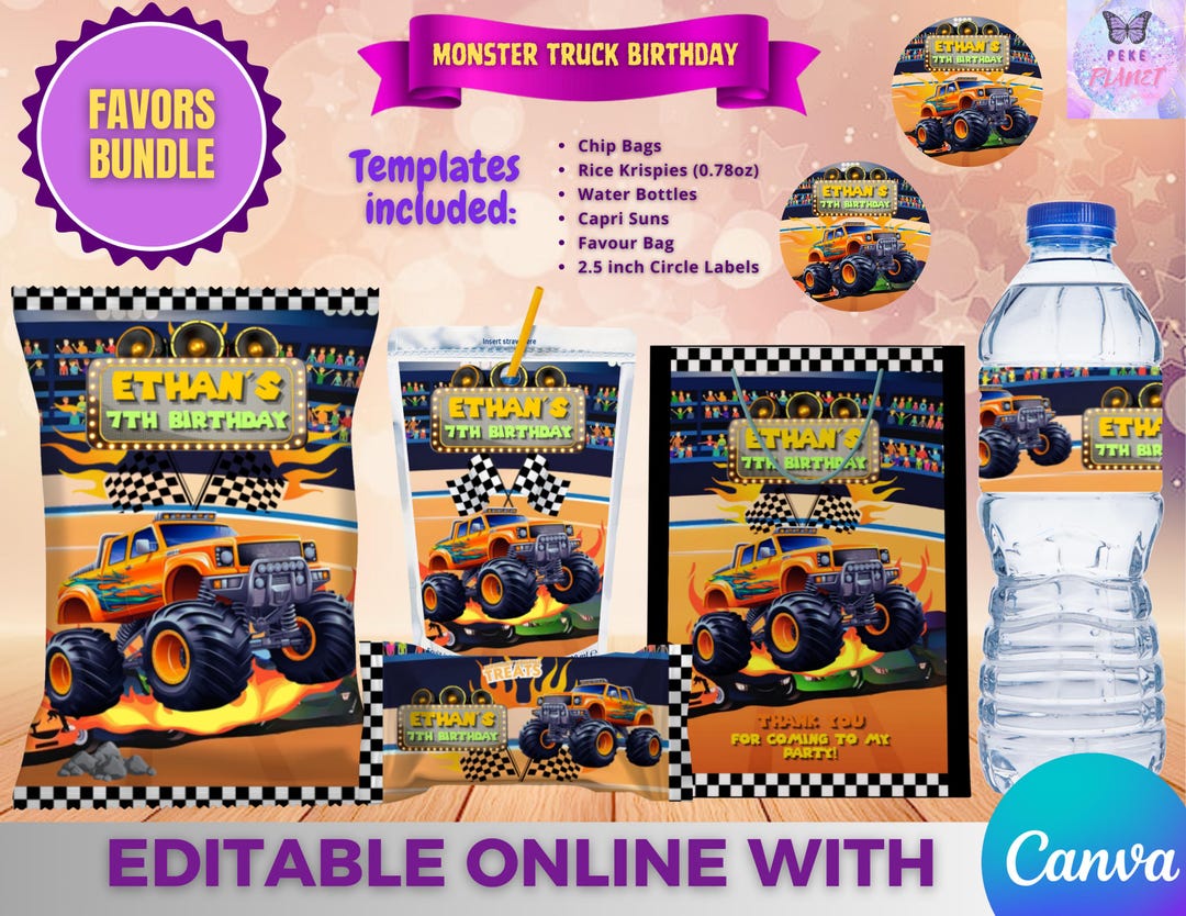 Monster Truck Birthday Pack- 6 Labels - Digital Download. Editable in ...
