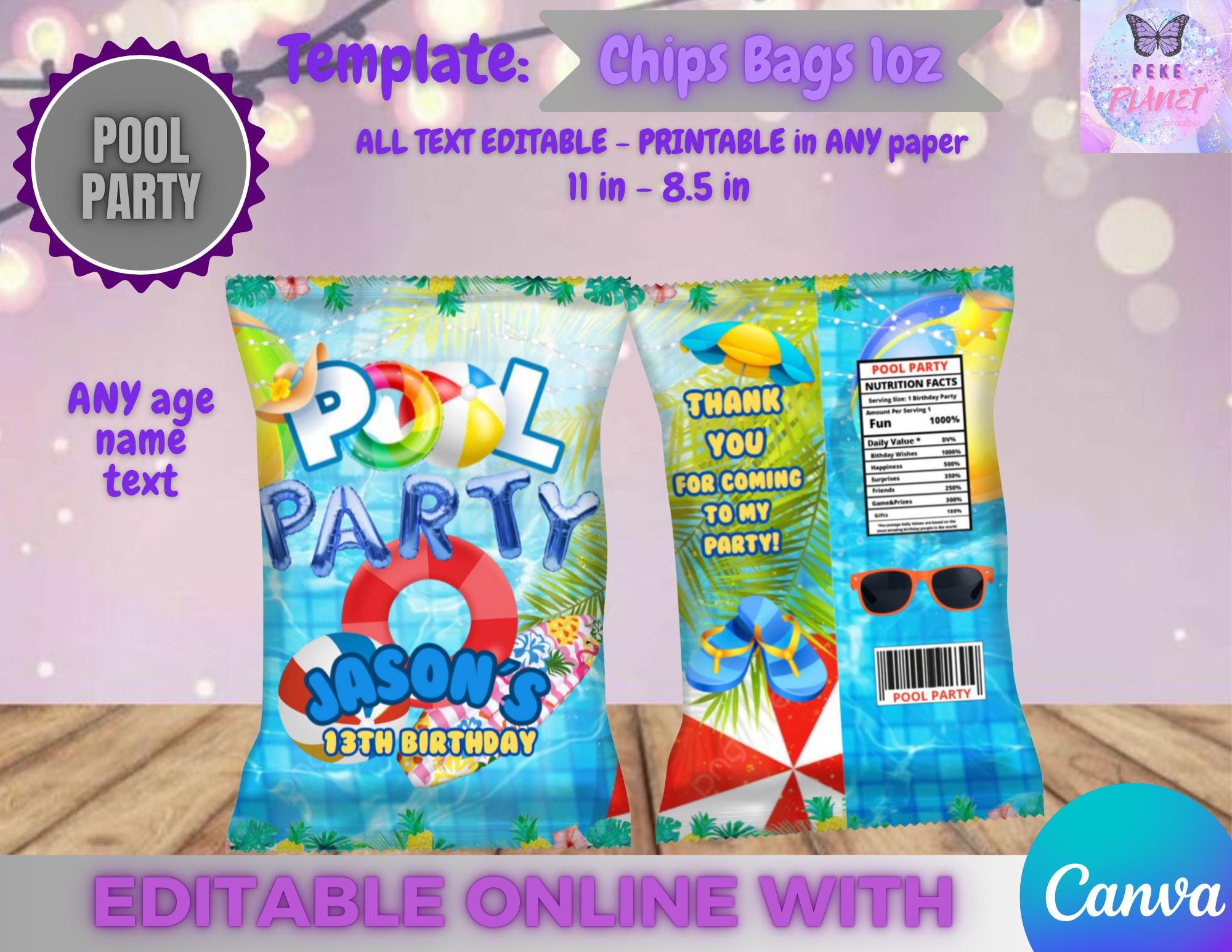 Pool Party Birthday - Chips Bag Template, Edit Yourself in CANVA. Party ...
