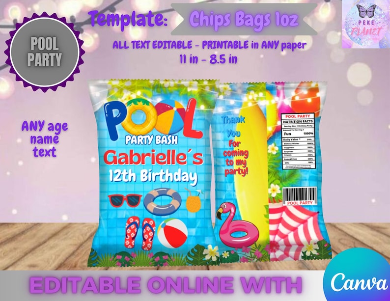 Pool Party Birthday - Chips Bag Template, Edit Yourself in CANVA. Party ...