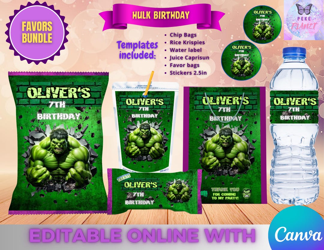 Hulk Birthday Pack- 6 Labels - Digital Download. Editable in CANVA. - Etsy