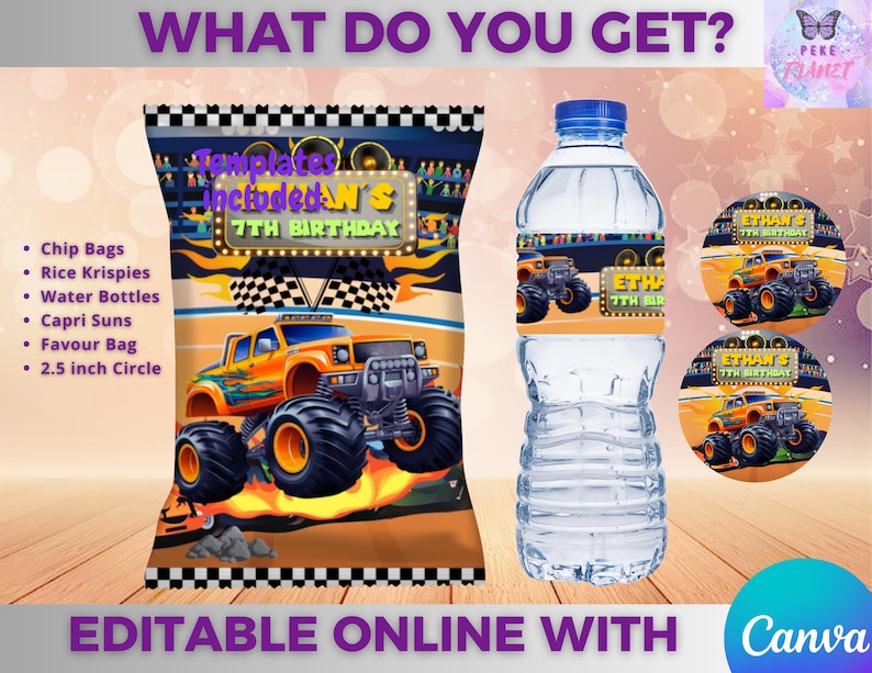 Monster Truck Birthday Pack- 6 Labels - Digital Download. Editable in ...