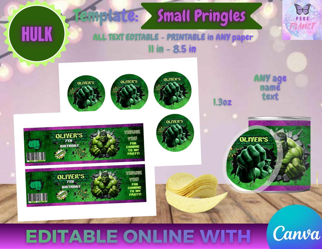 Hulk Birthday Small Pringles Template, Edit Yourself in CANVA. Party ...