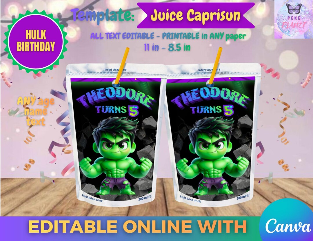 Hulk Birthday - Juice Labels Template, EDIT Yourself in CANVA. - Etsy