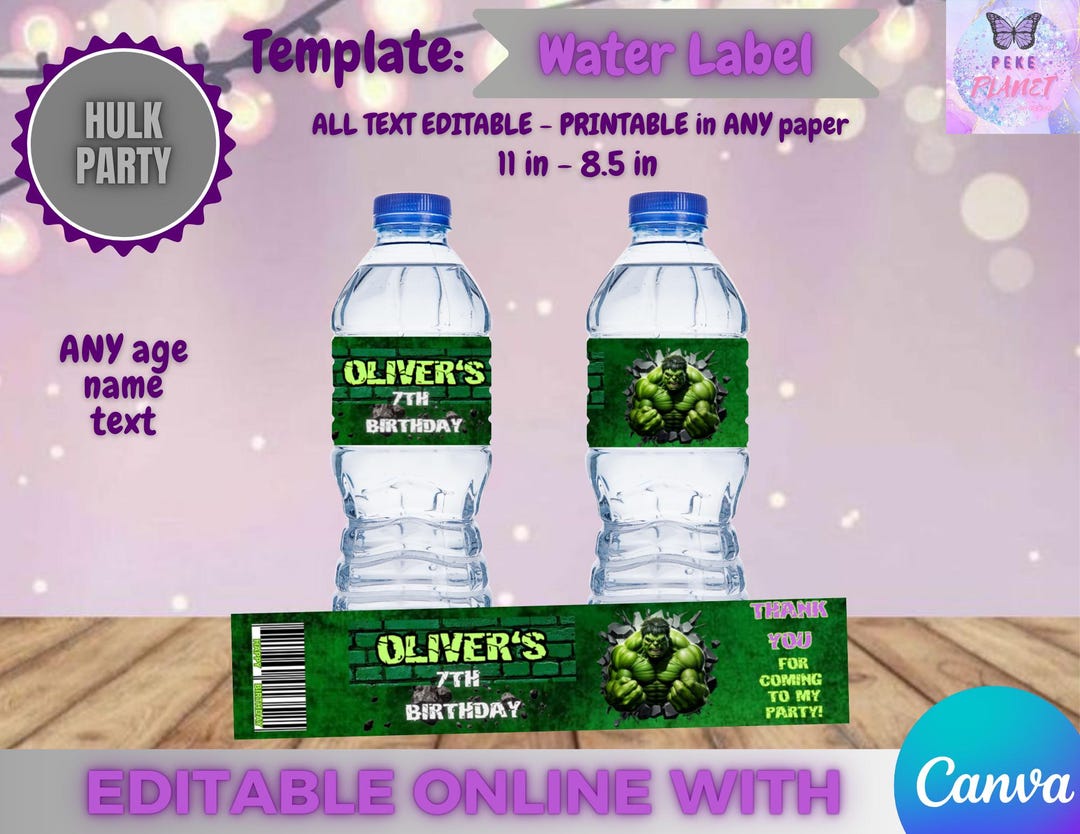 Hulk Birthday - Water Labels Template, EDIT Yourself in CANVA. - Etsy