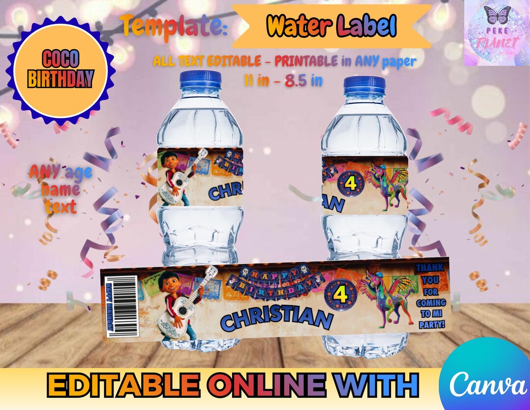 Coco Birthday - Water Labels Template, EDIT Yourself in CANVA. - Etsy
