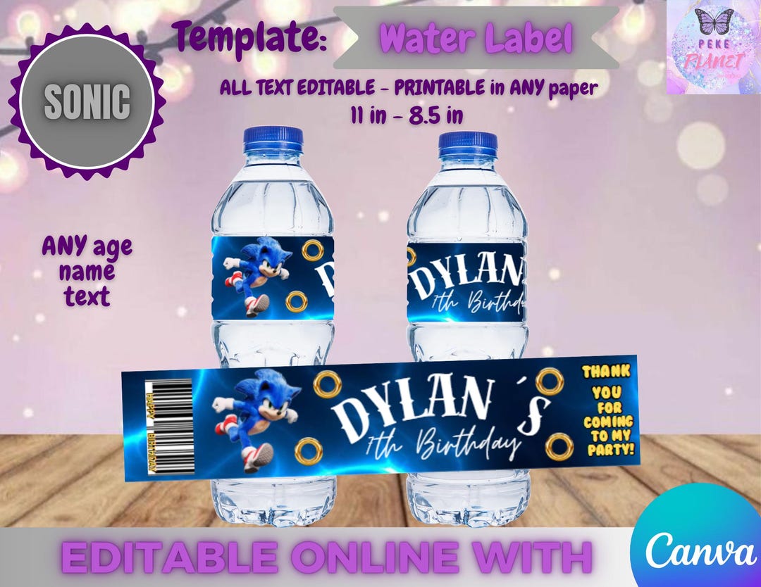 Sonic Birthday - Water Labels Template, EDIT Yourself in CANVA. - Etsy