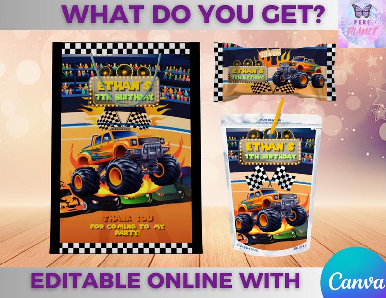 Monster Truck Birthday Pack- 6 Labels - Digital Download. Editable in ...