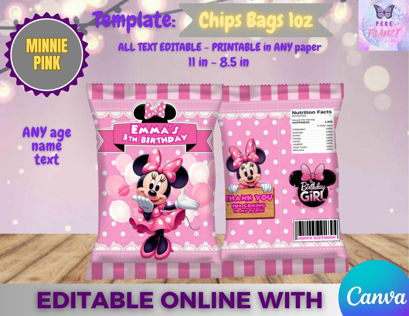 Minnie Mouse Birthday Chips Bag Template, Edit Yourself in CANVA. Party ...