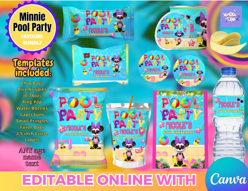 Minnie Mouse Pool Party Birthday Theme - 8 Labels - Digital Download ...