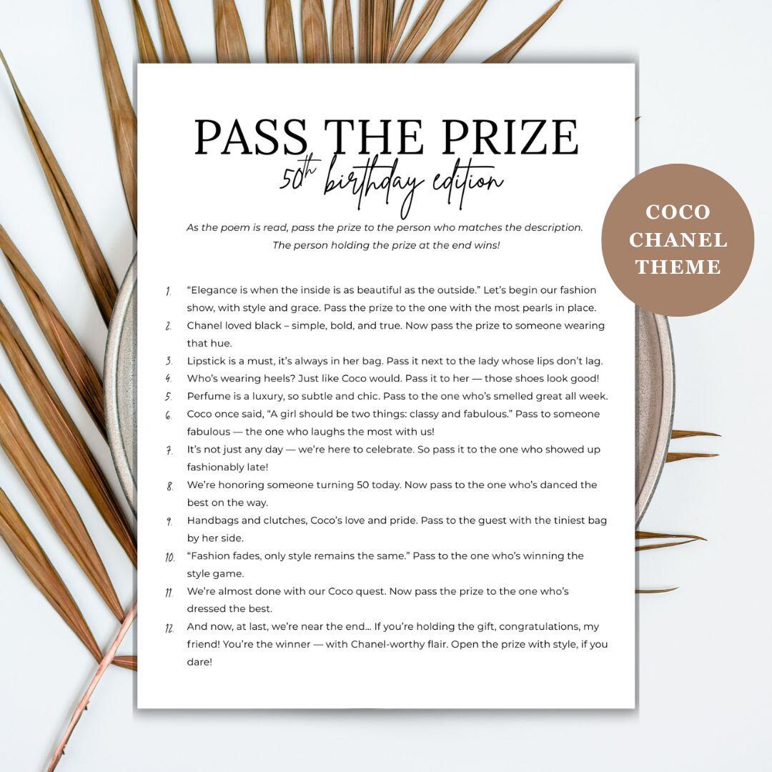 Pass the Prize Birthday Party Game 50th Birthday Coco Chanel Theme ...