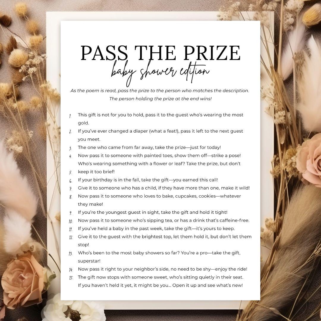 Pass the Prize Baby Shower Game: Rhyming Poem, Printable Activity ...