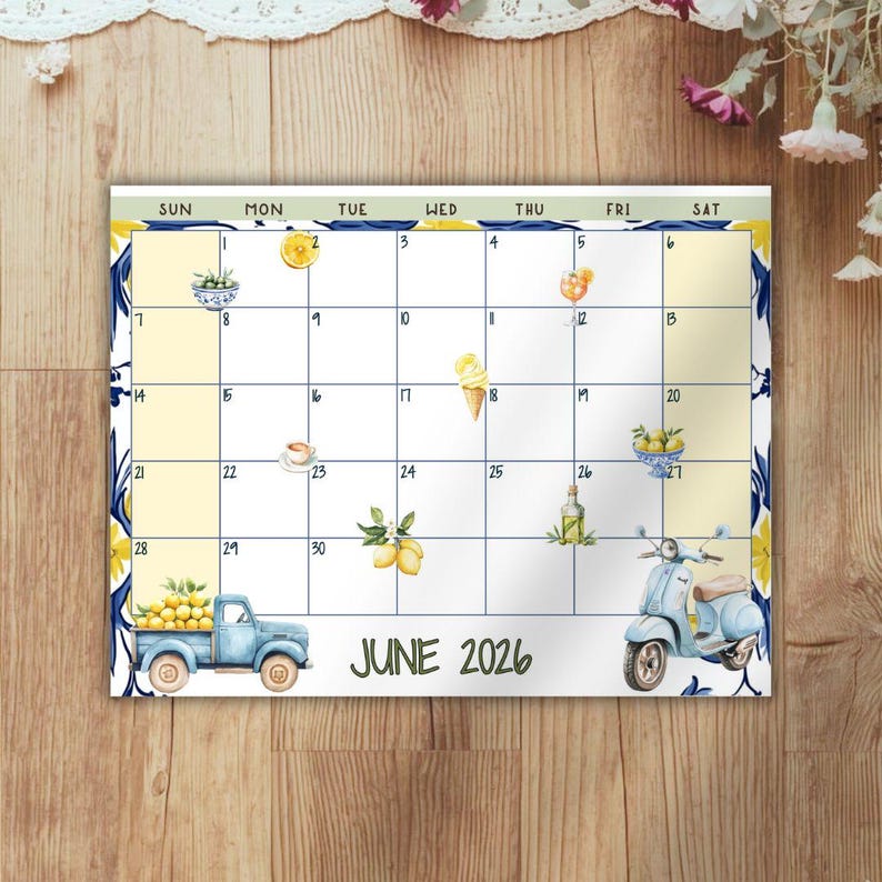 June 2026 Calendar Printable Mediterranean Lemon Summer June Calendar ...