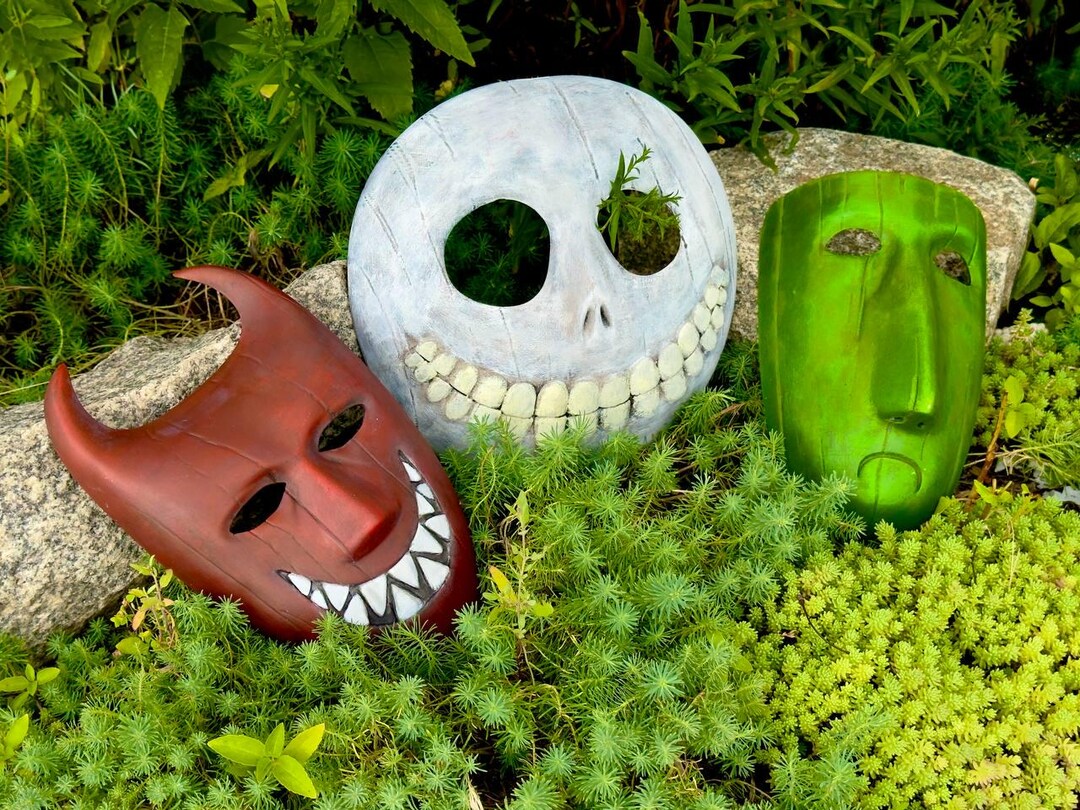 Scary Halloween Mask Set | Creepy Devil, Grinning Skull & Sad Green ...