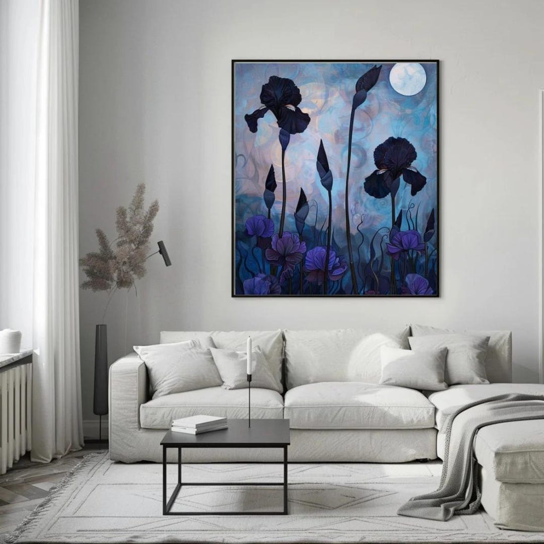 Ethereal Iris Matte Vertical Poster, Deep Purple Moonlit Floral Art ...