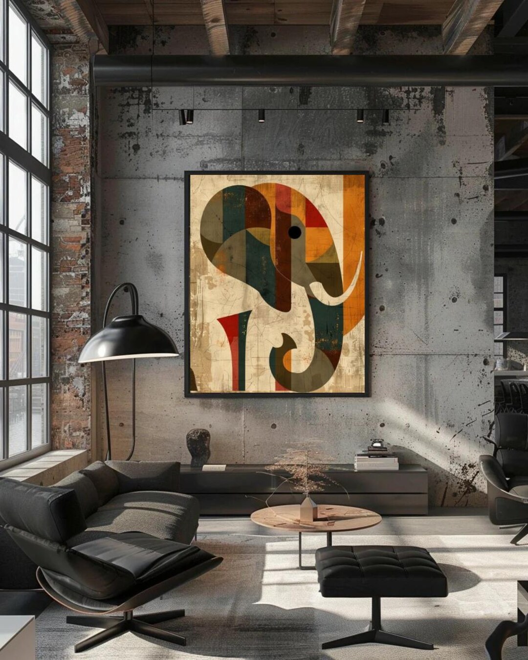 Elephant Cubist Poster, Retro Geometric Animal Art Print, Bold Teal ...