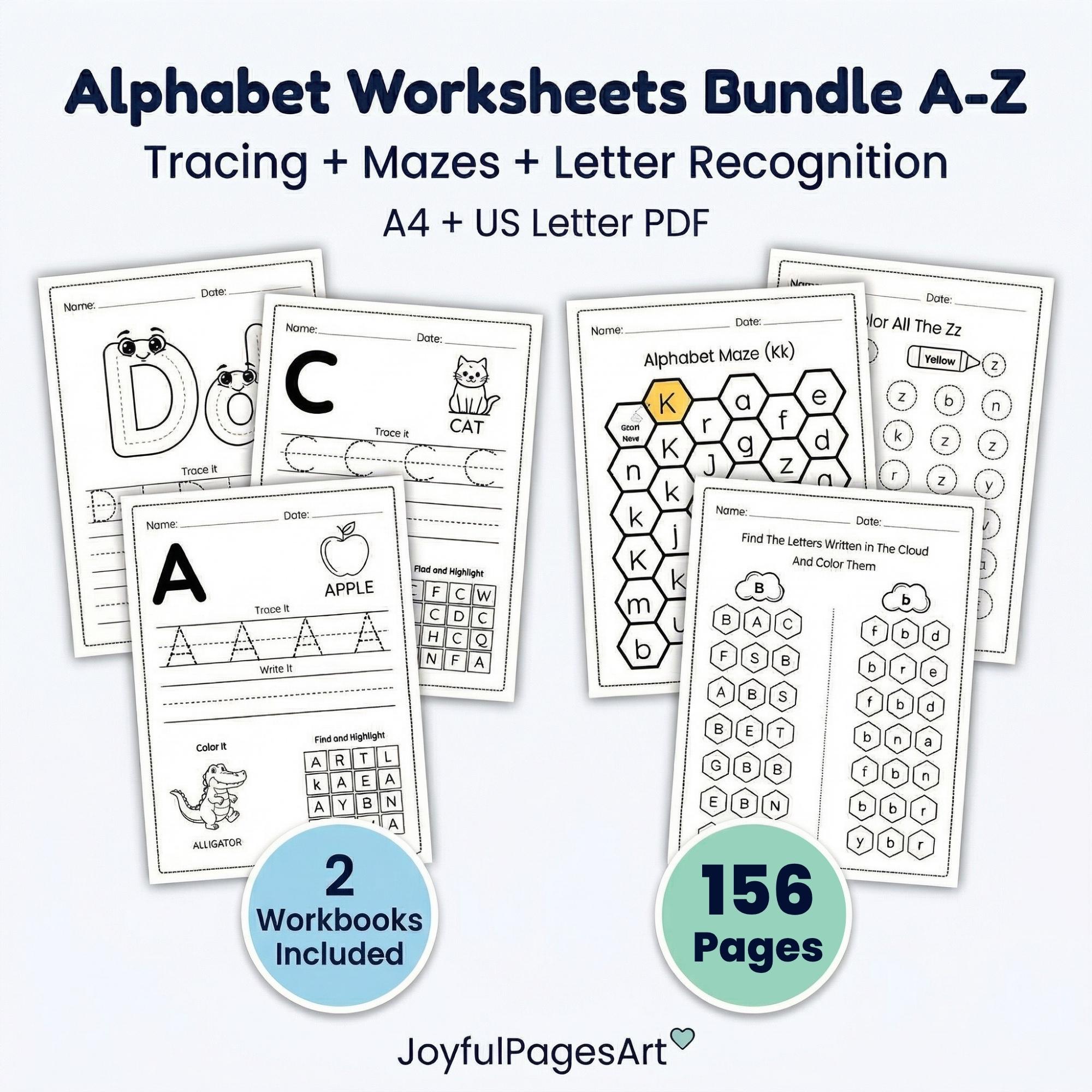 Alphabet Worksheets Bundle A-Z, 2 Workbooks 156 Pages, Tracing, Mazes ...